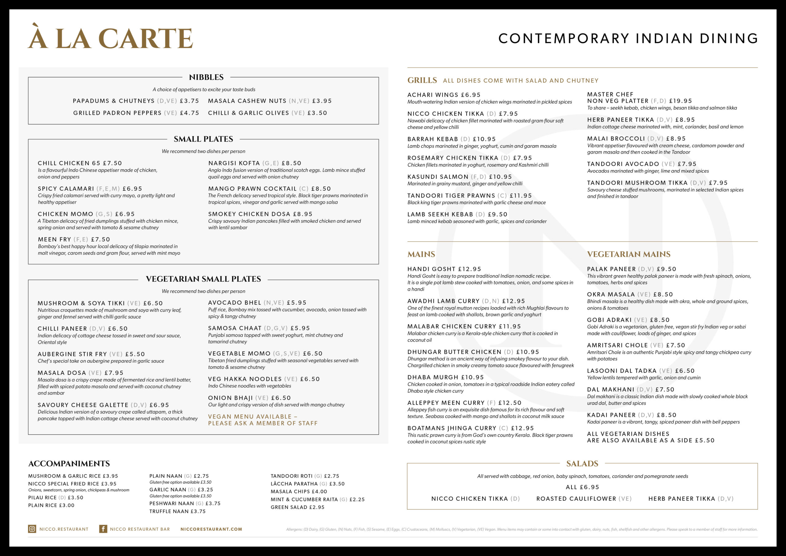 A La Carte Menu | Nicco Restaurant Derby