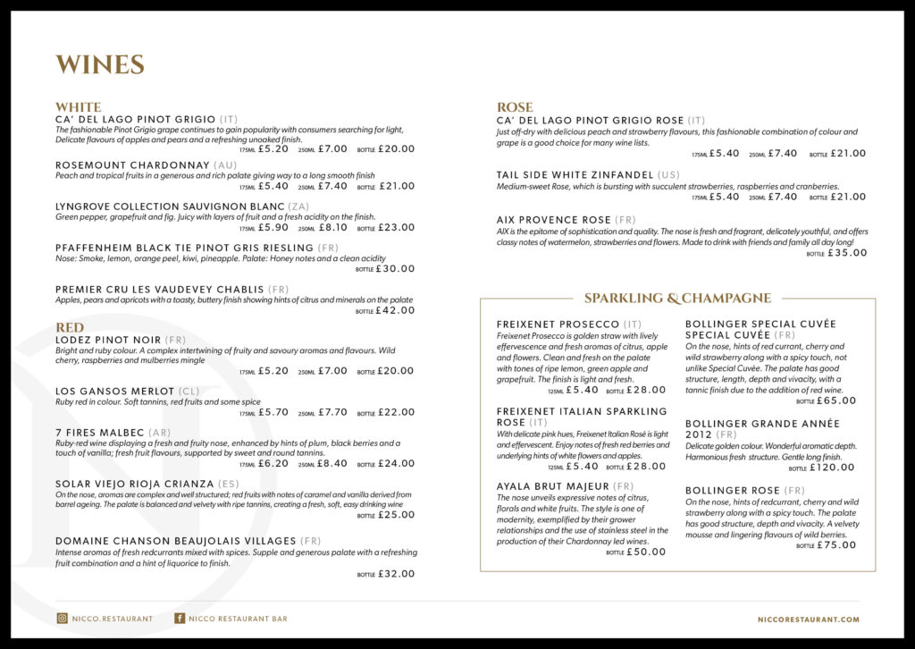 Drinks Menu - Nicco Tapas Restaurant Derby