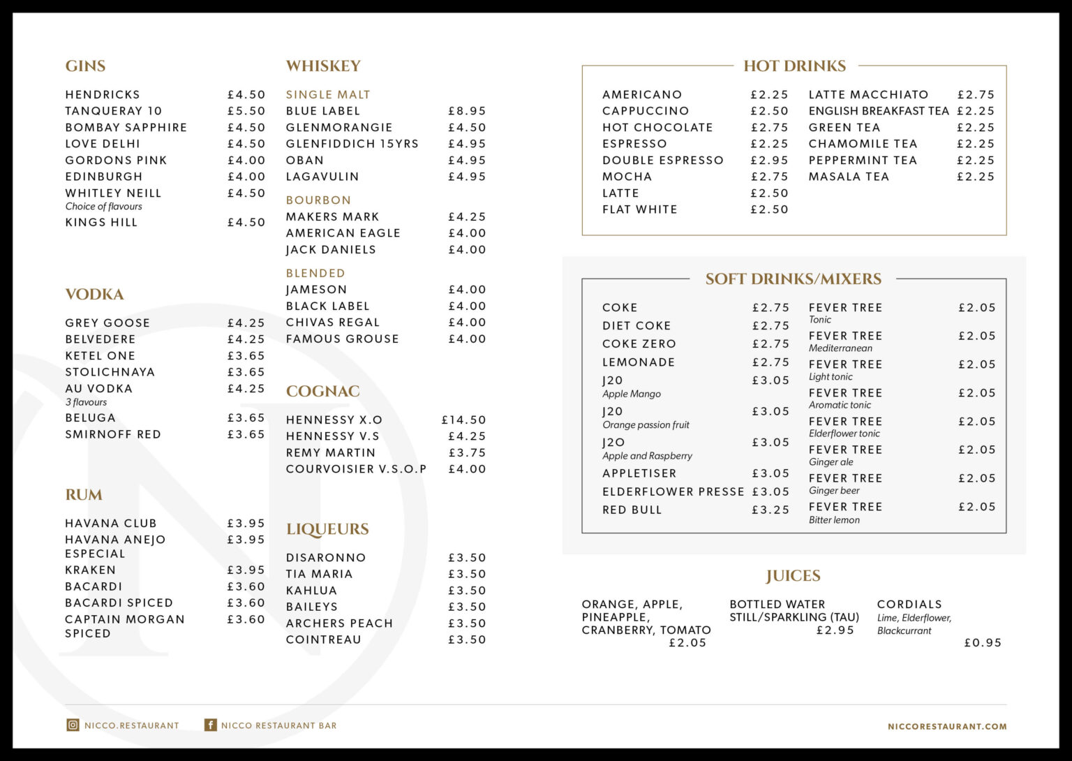 Drinks Menu - Nicco Tapas Restaurant Derby