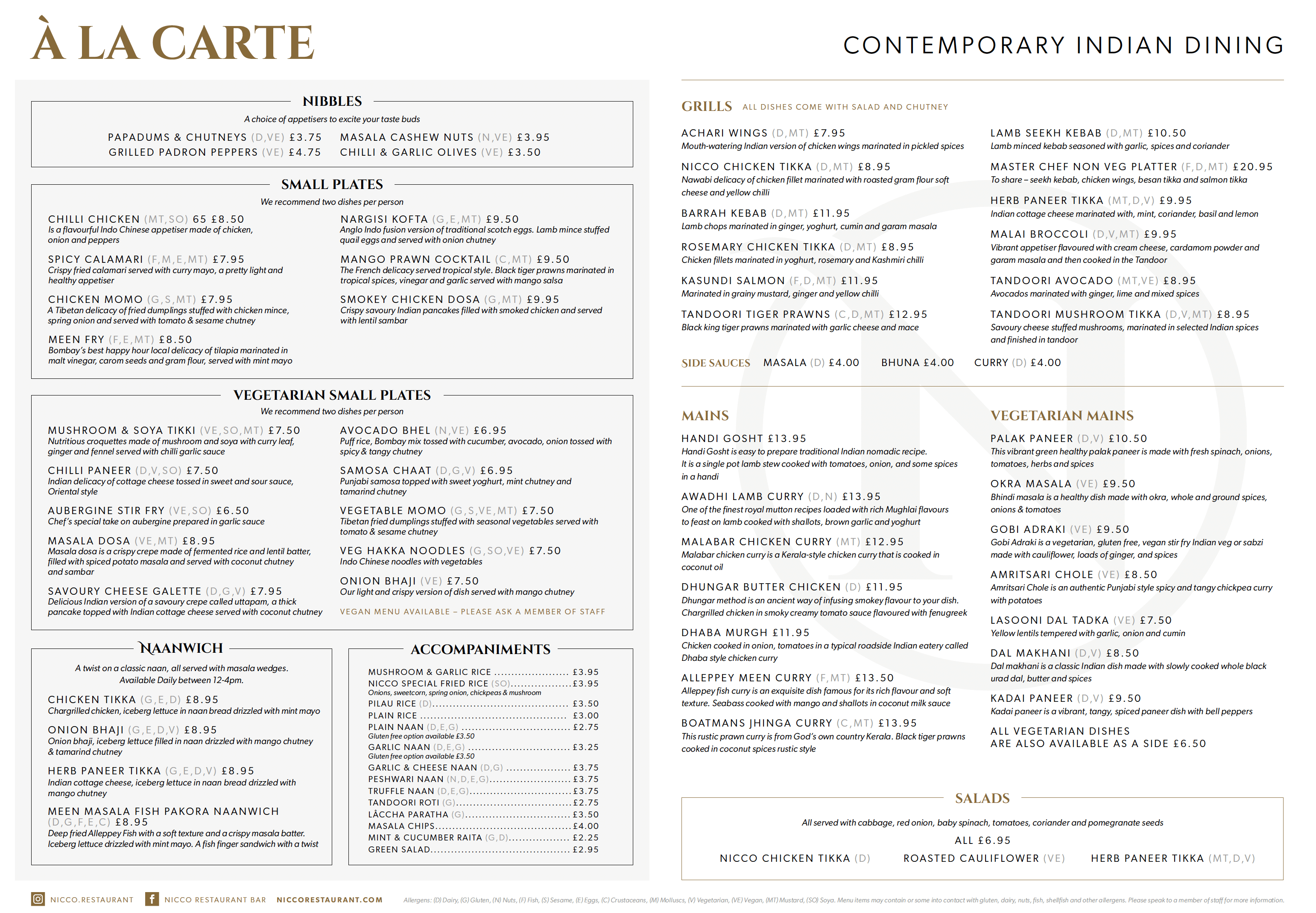 A La Carte Menu | Nicco Restaurant Derby