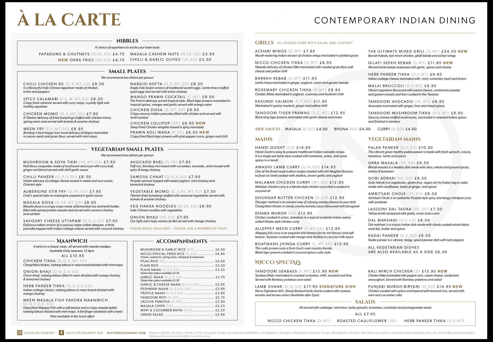 A La Carte Menu - Nicco Tapas Restaurant Derby