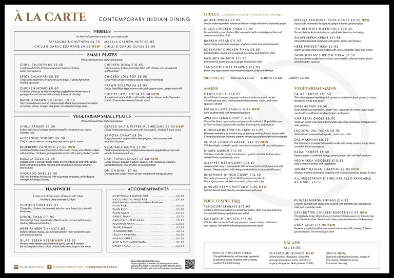 A La Carte Menu - Nicco Tapas Restaurant Derby