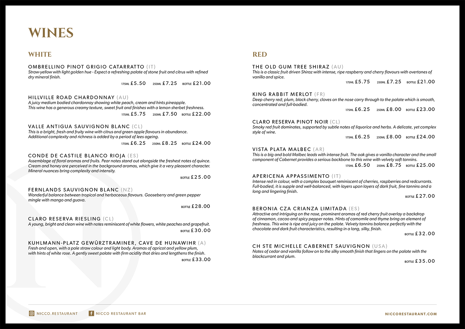 Drinks Menu - Nicco Tapas Restaurant Derby