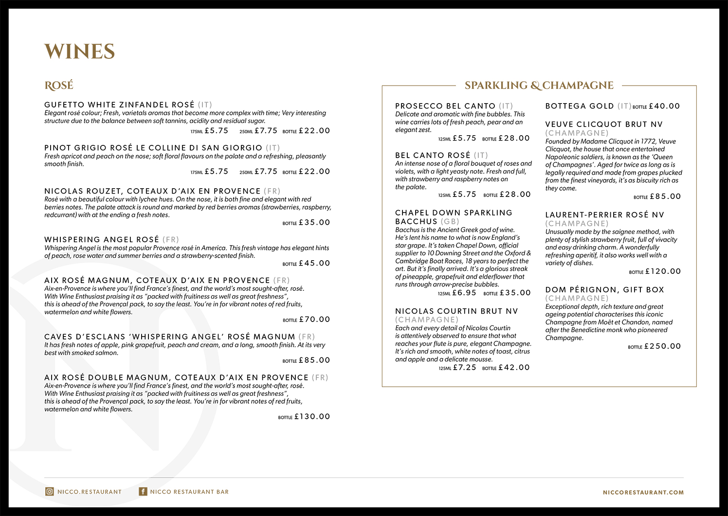 Drinks Menu - Nicco Tapas Restaurant Derby