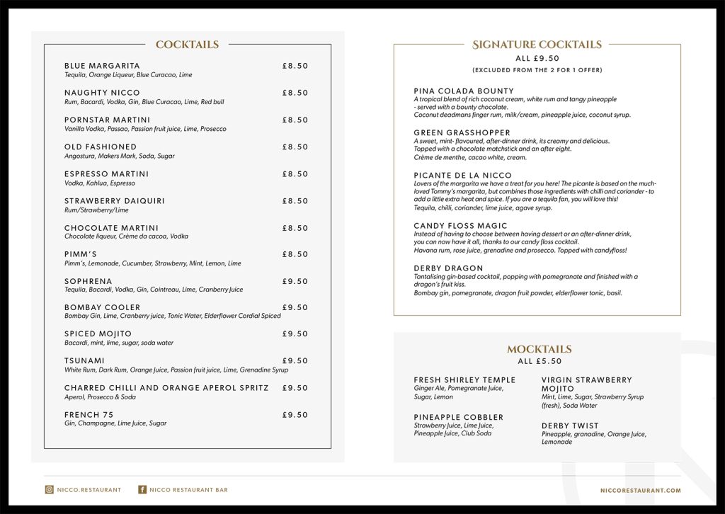 Drinks Menu - Nicco Tapas Restaurant Derby