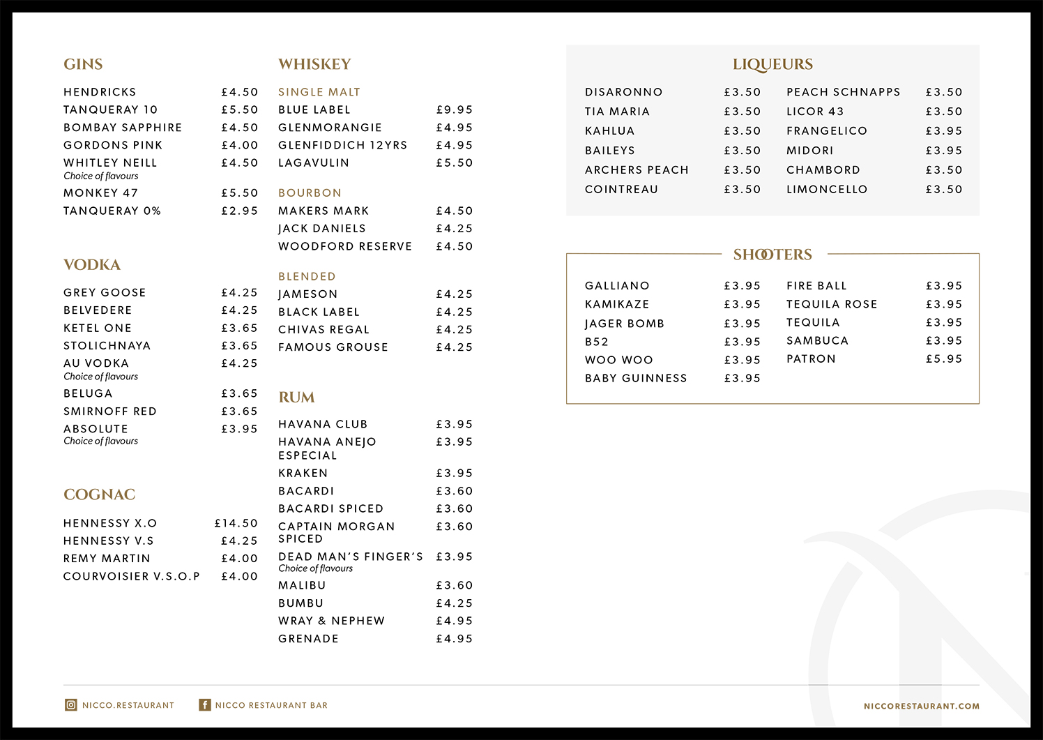 Drinks Menu - Nicco Tapas Restaurant Derby