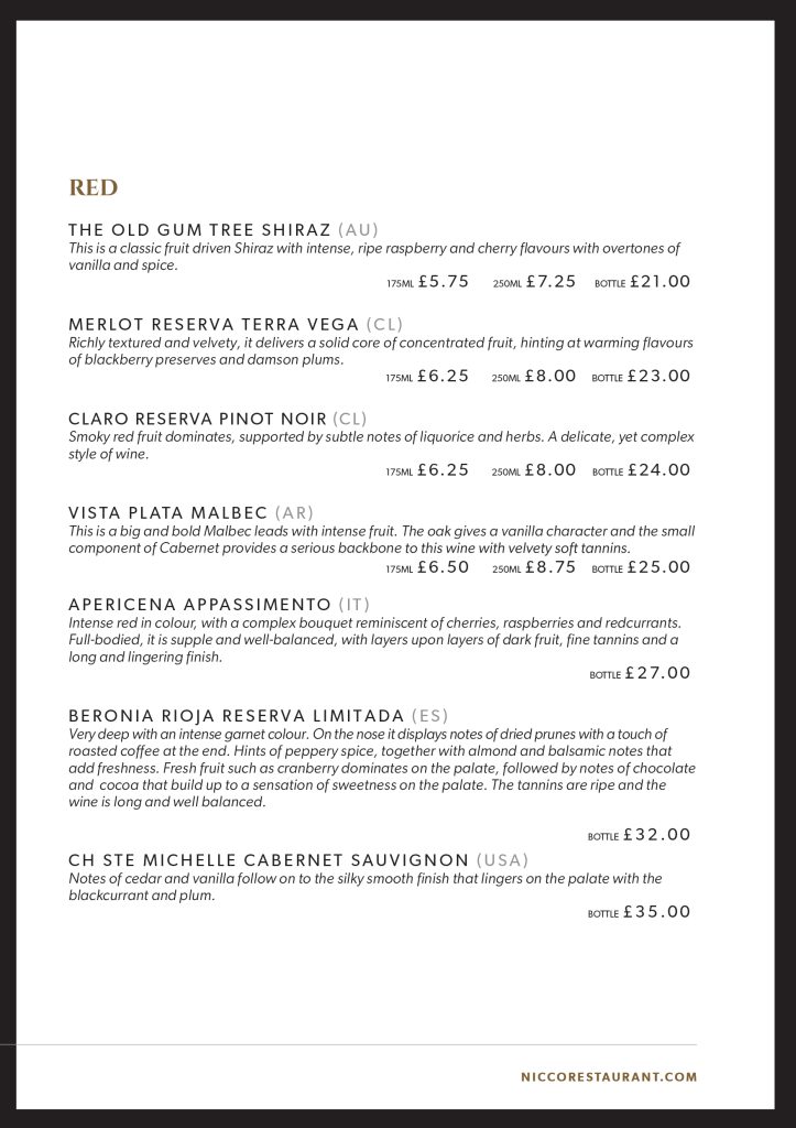 Drinks Menu - Nicco Tapas Restaurant Derby