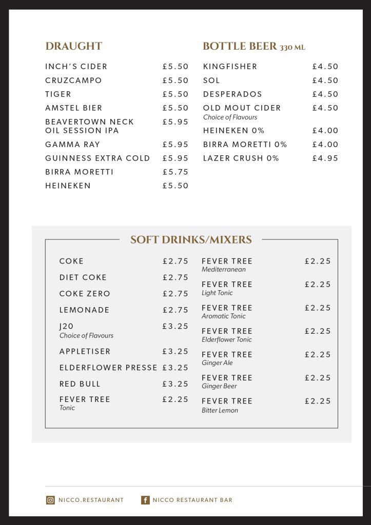 Drinks Menu - Nicco Tapas Restaurant Derby