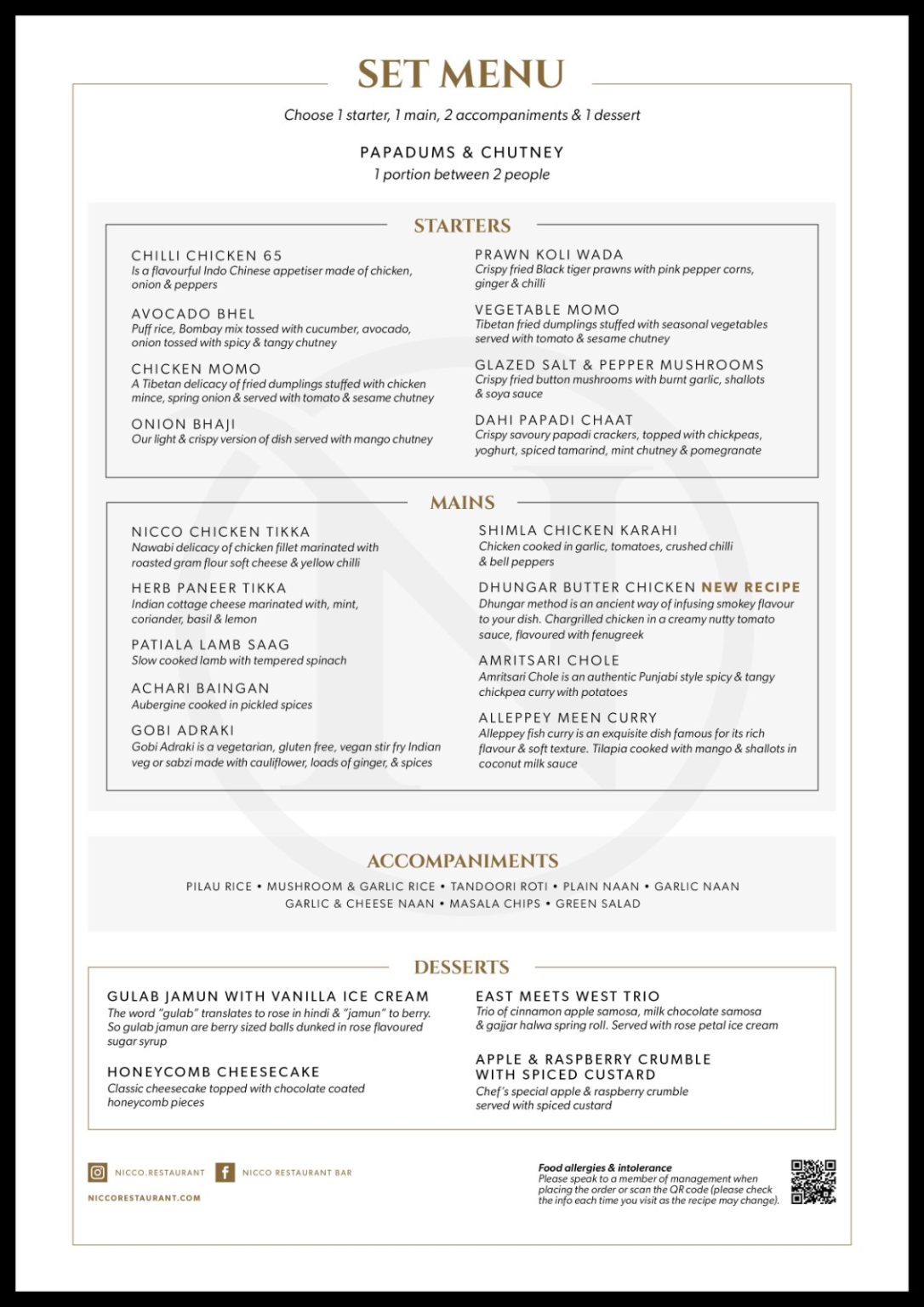 Nicco Set Menu Derby Restaurant