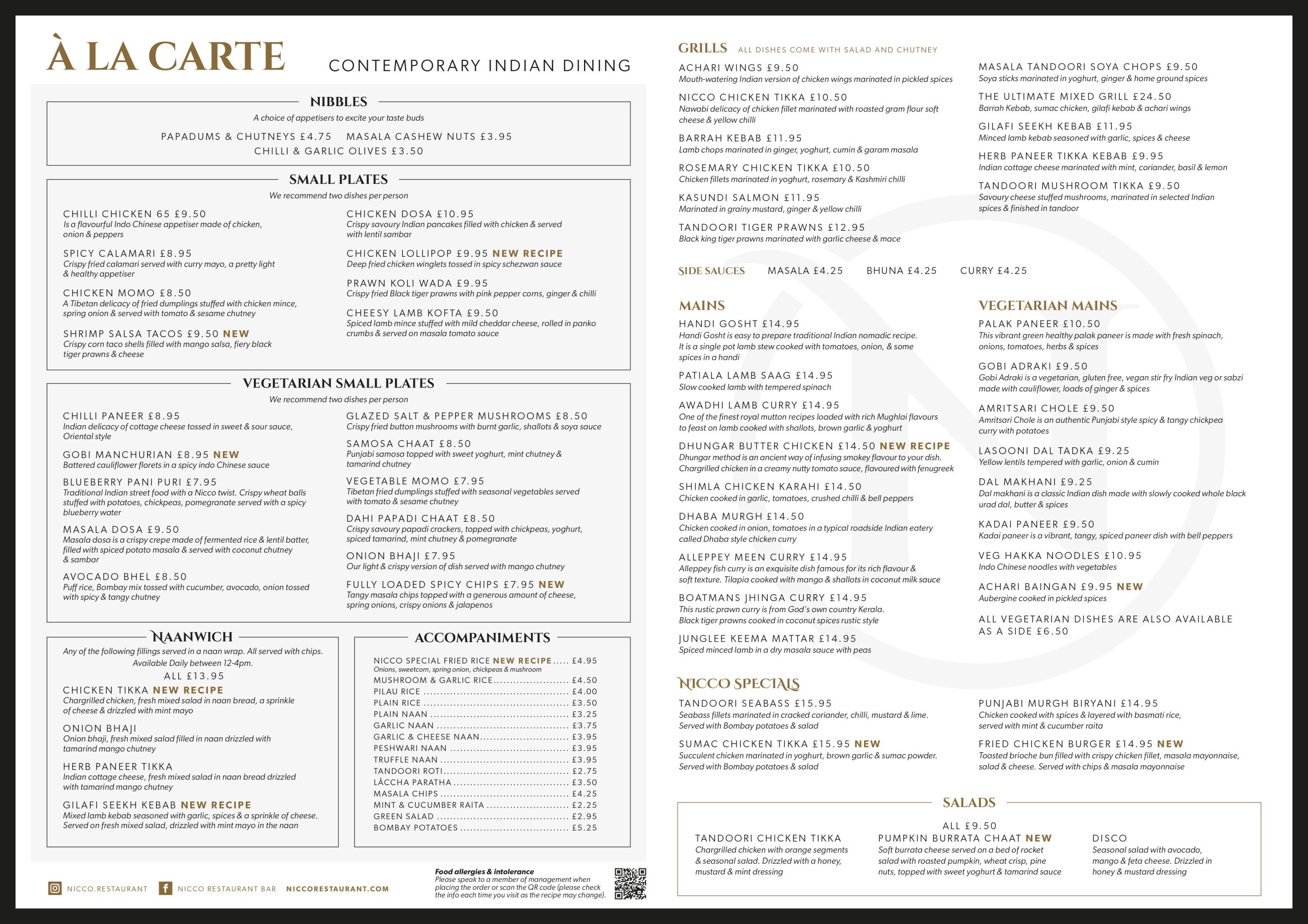 A La Carte Menu - Nicco Tapas Restaurant Derby